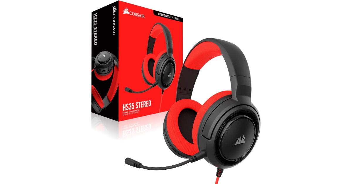 Corsair HS35 (Red) Wired Gaming Headset, 3.5mm Stereo Sound, Compatible ...