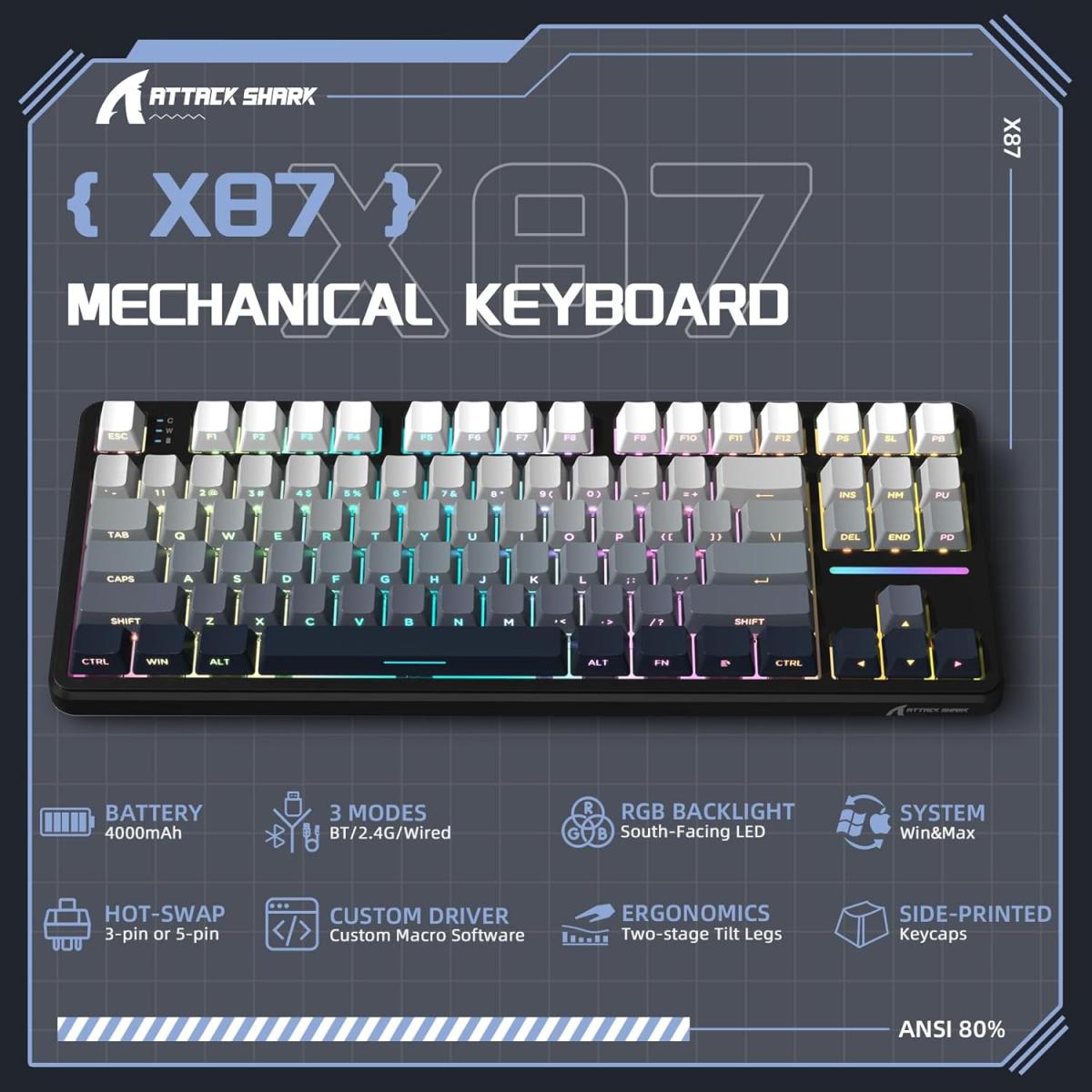 ATTACK SHARK X87 Wireless Tri-Mode Mechanical Gaming Keyboard - Hot ...