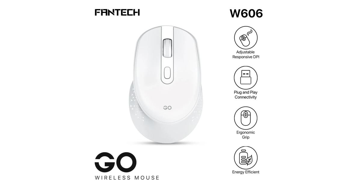 Fantech GO W606 Wireless (USB 2.4GHz) Ergonomic Lightweight Grip Office Mouse (White), Optical ...